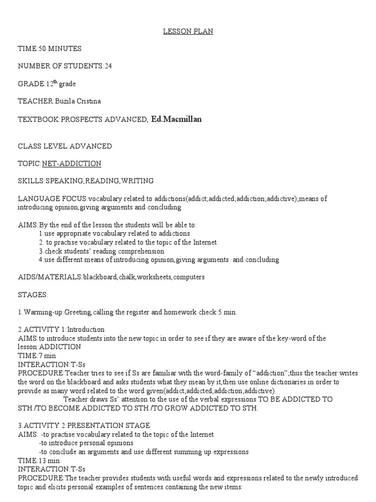 Lesson Plan 12th Grade ESL Students | PDF | Lesson Plan | Vocabulary