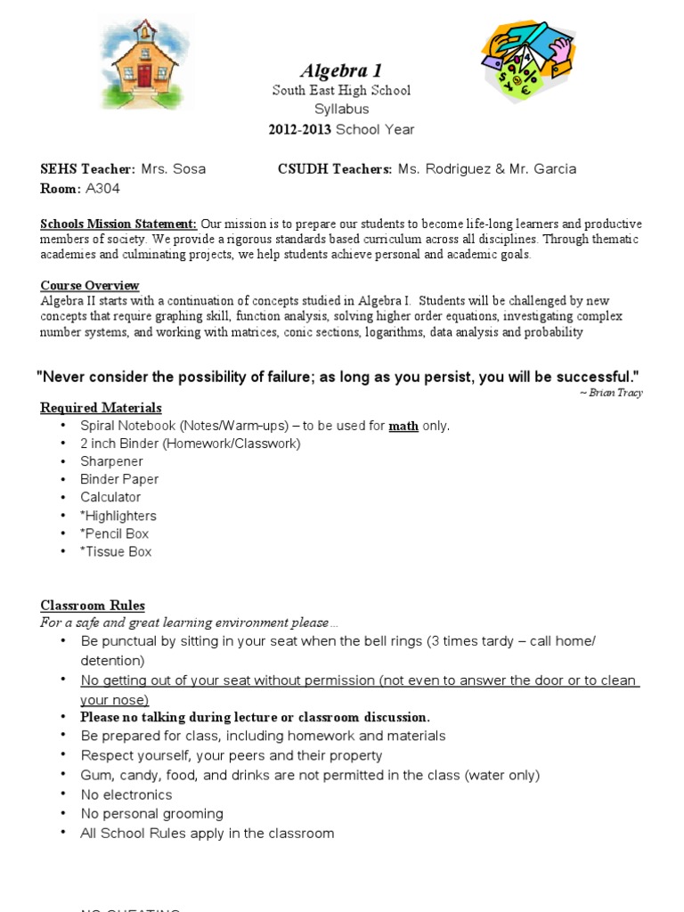 Algebra 1 Syllabus | PDF | Homework | Classroom