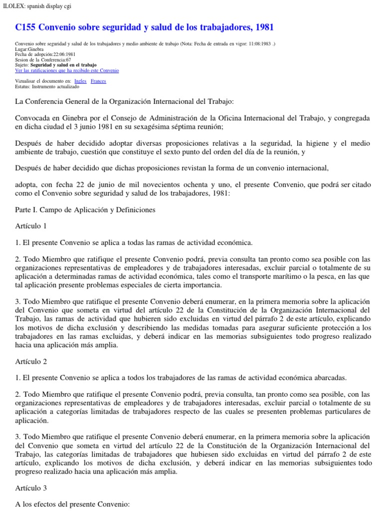 C155 Convenio Sobre Seguridad y Salud de Los Trabajadores, 1981 | PDF ...