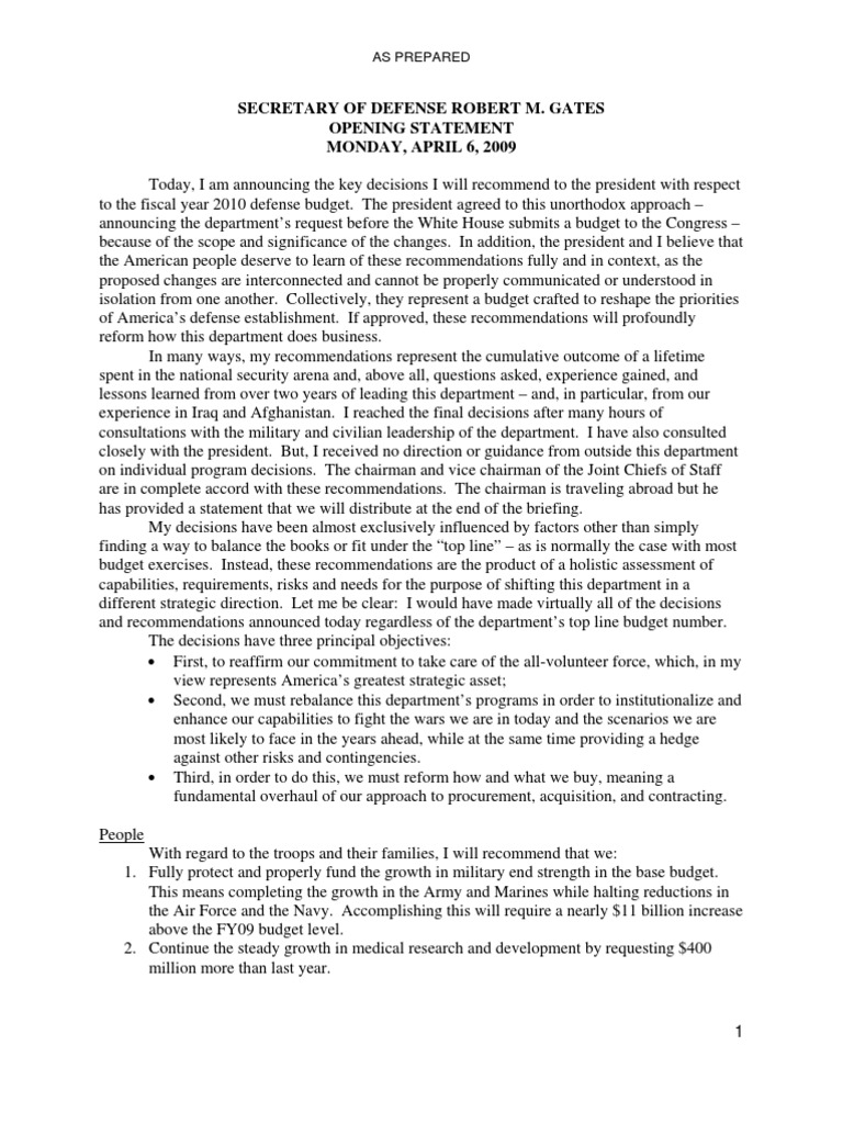 2010 SecDef Budget Statement | PDF | United States Navy | Fighter Aircraft