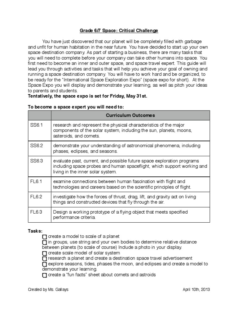 Grade 6/7 Space: Critical Challenge: Created by Ms. Gallays! April 10th ...