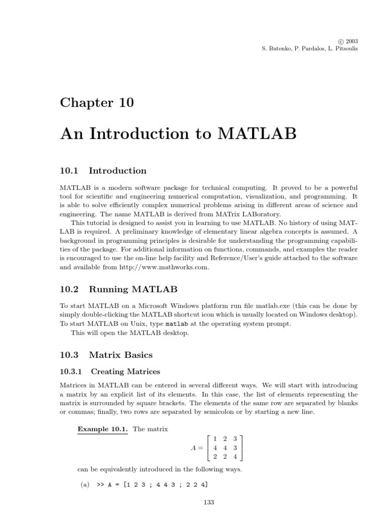 An Introduction To MATLAB: 10.3.1 Creating Matrices | PDF | Matrix (Mathematics) | Eigenvalues ...