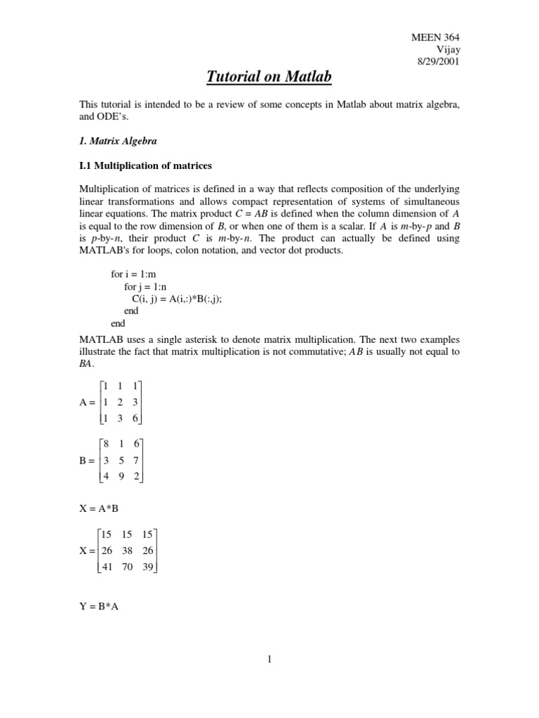 Tutorial On Matlab 1 Matrix Algebra Pdf Eigenvalues And Eigenvectors Matrix Mathematics 