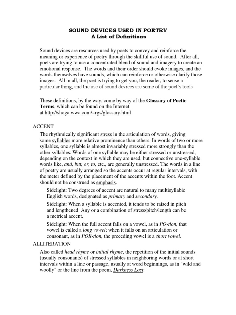 Sound Devices in Poetry Explained | PDF | Metre (Poetry) | Poetry