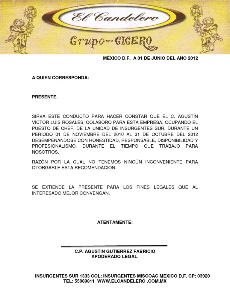 Carta de Recomendacion Chef | PDF