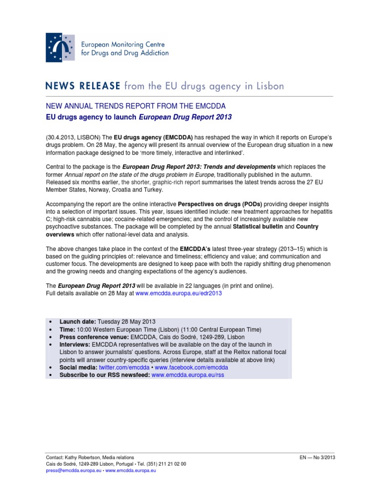 EMCDDA launches new European Drug Report 2013 | PDF | Drugs | Lisbon