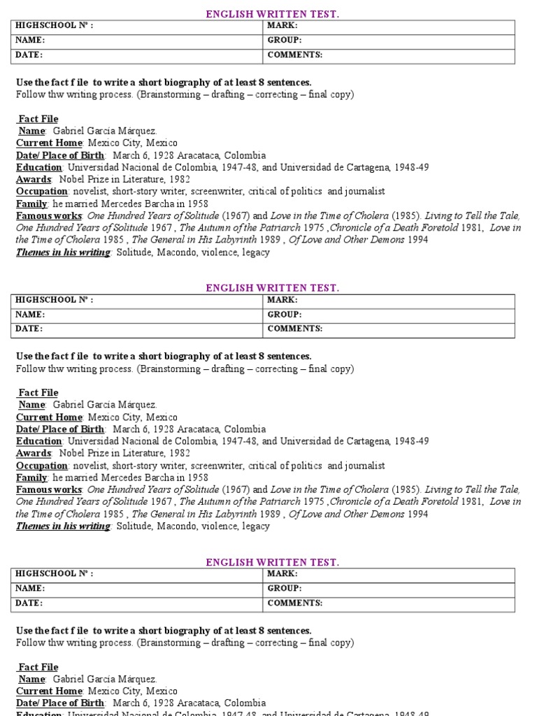High School English Biography Test | PDF | Gabriel García Márquez ...