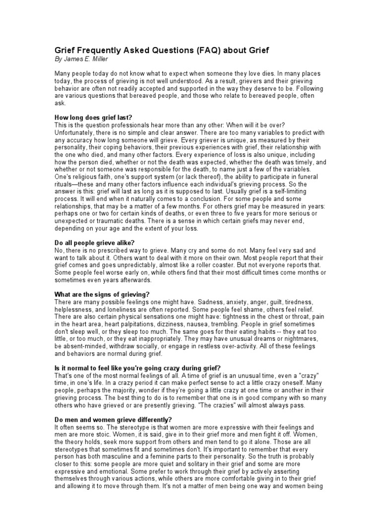 Grief Frequently Asked Questions (FAQ) About Grief: by James E. Miller ...