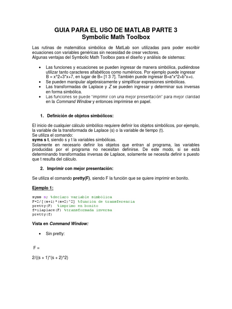 Symbolic Math Toolbox (Matlab) | PDF