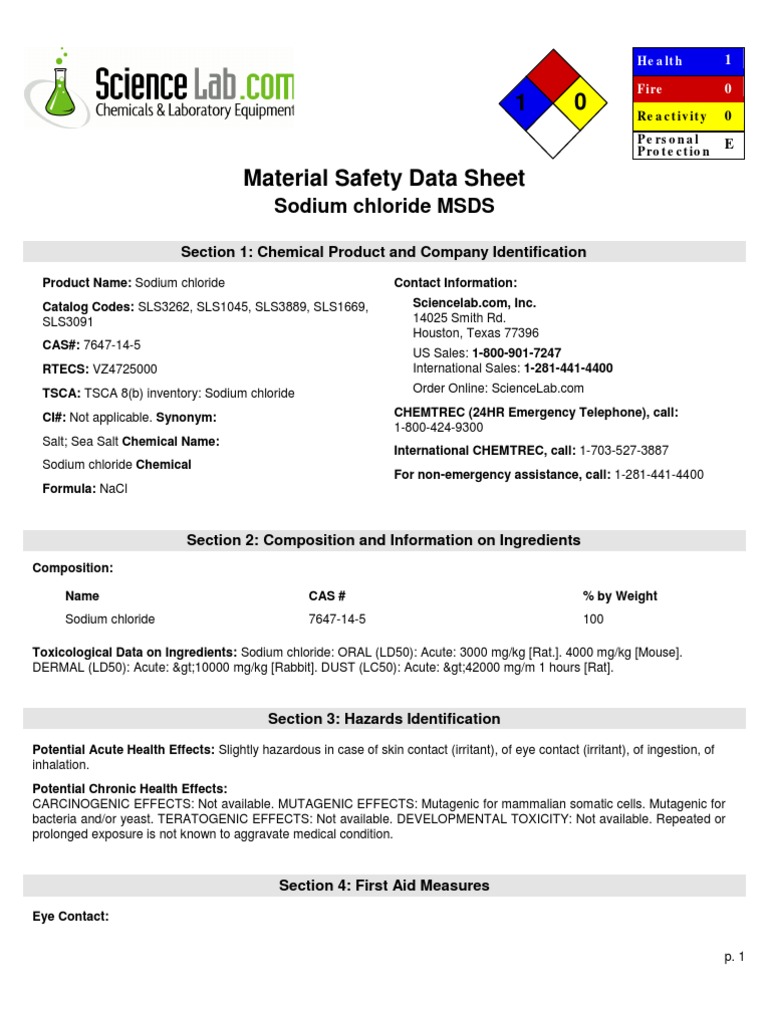 msds nacl | Toxicity | Congenital Disorder