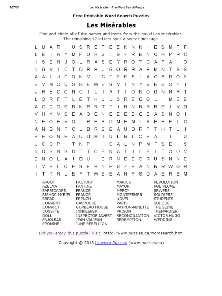 Les Misérables - Free Word Search Puzzle | PDF