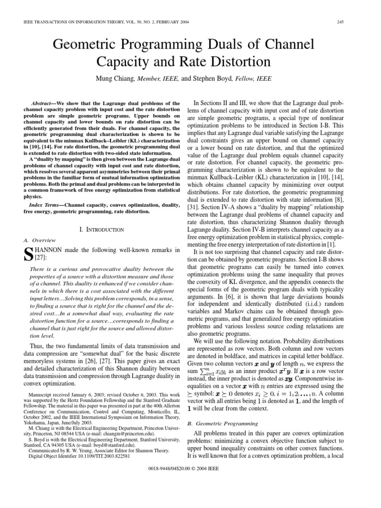 Geometric Programming Duals of Channel Capacity and Rate Distortion | PDF | Mathematical ...