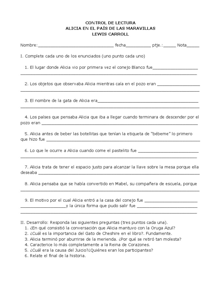 Prueba de comprensión: Alicia en el país de las maravillas | PDF
