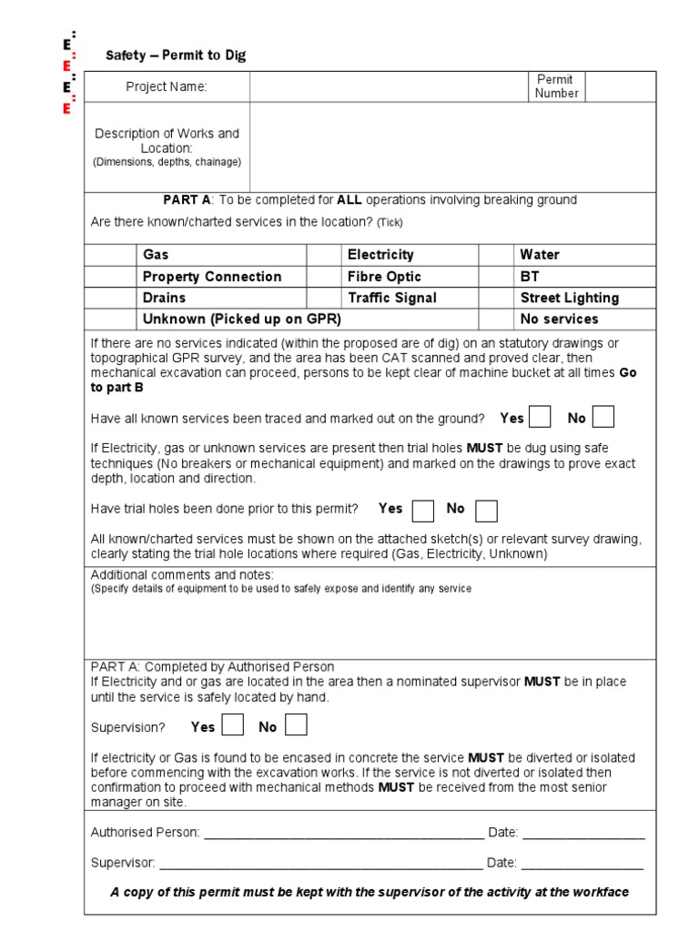 Safety - Permit To Dig: PART A: To Be Completed For ALL Operations ...
