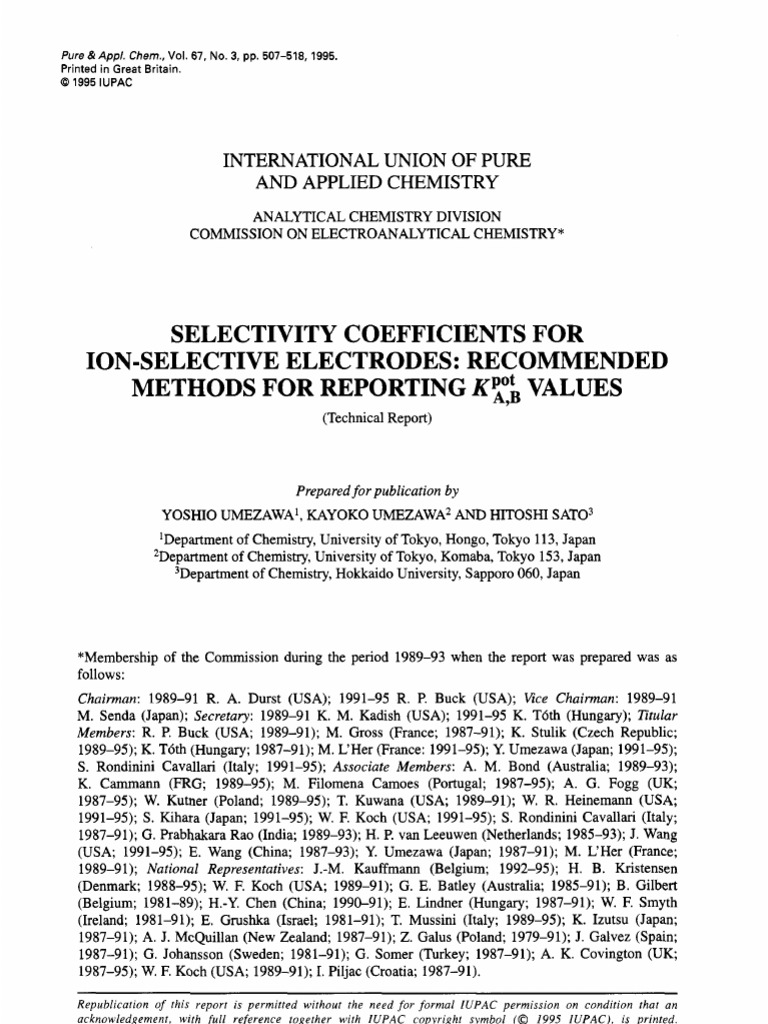 Selectivity Coefficients For Ion-Selective Electrodes | PDF | Ion | Equations