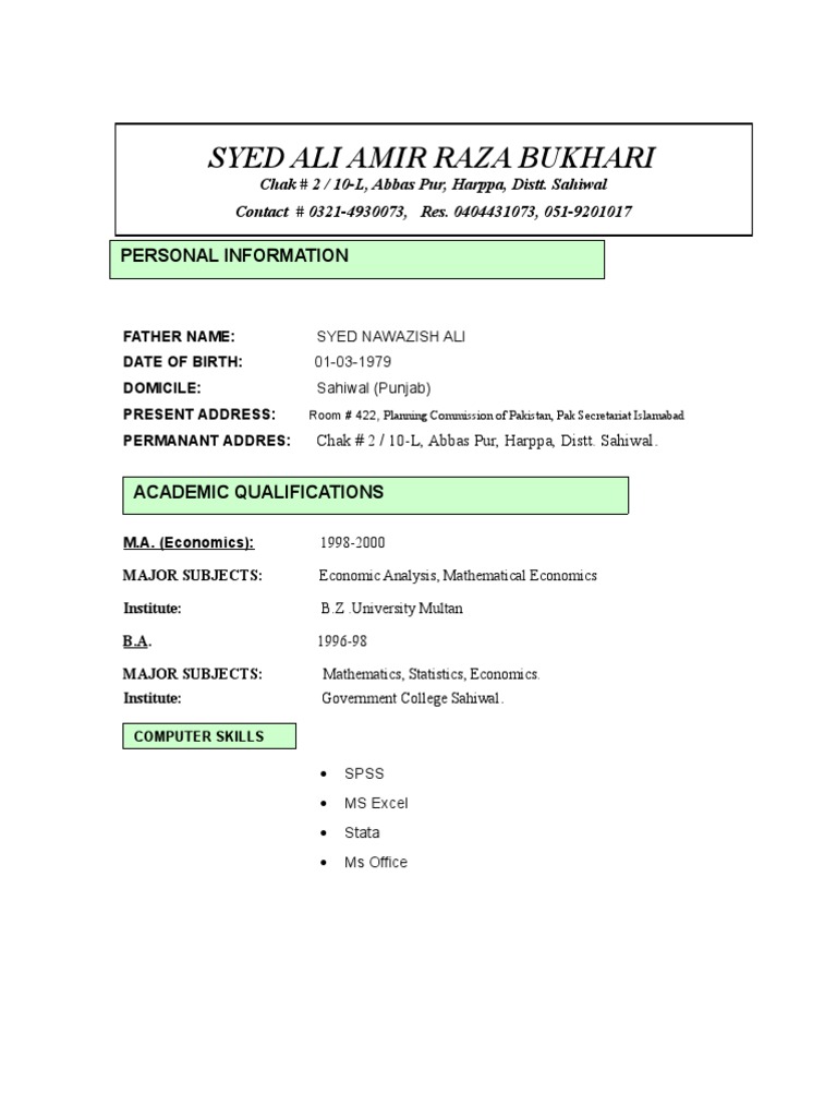 Syed Ali Amir Raza Bukhari: Personal Information | PDF | Pakistan ...