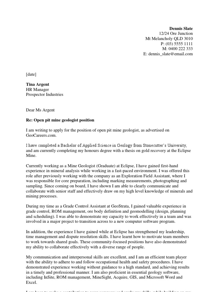 Cover Letter Mining Geol | PDF | Mining | Geology