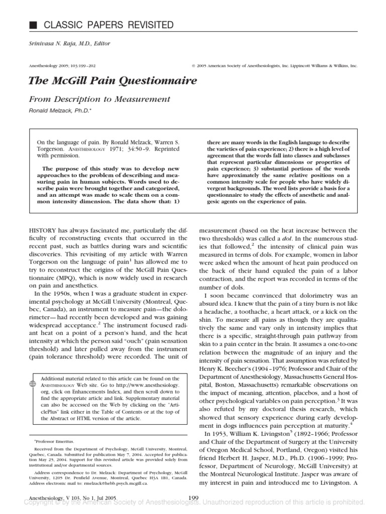 The Mcgill Pain Questionnaire From Description to Measurement Melzack ...