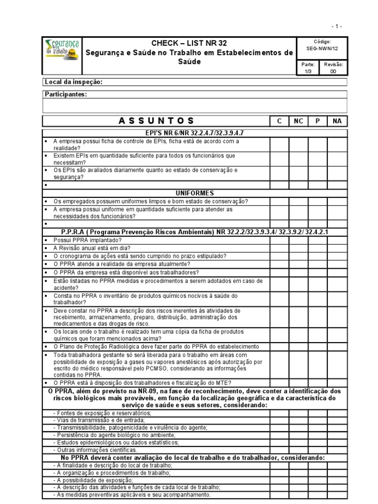 Check-list de Segurança e Saúde no Trabalho para Estabelecimentos de ...