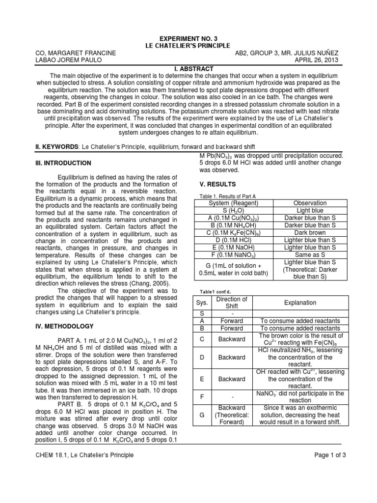 Le Chatelier’s Principle Experiment Results | PDF | Chemical ...