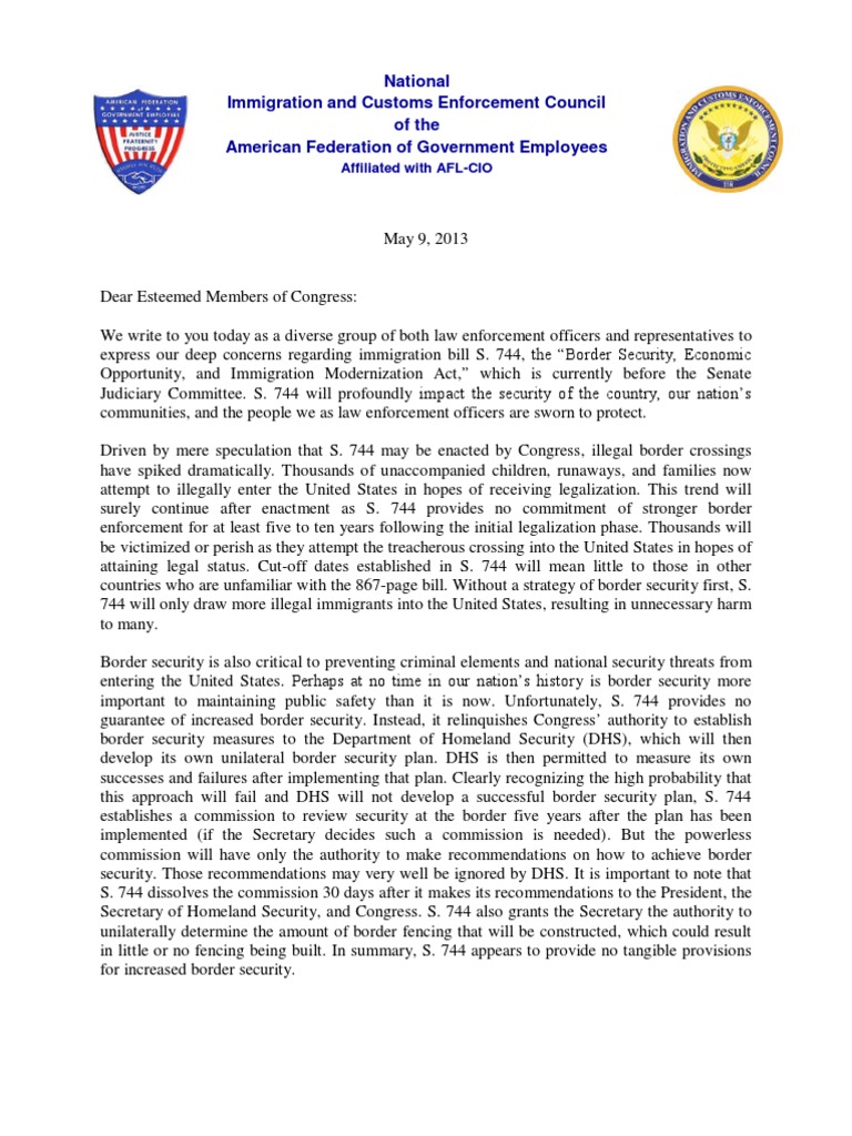 Letter From National Immigration and Customs Enforcement Council To ...