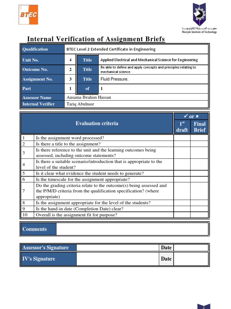 Internal Verification of Assignment Briefs: Evaluation Criteria 1 Draft ...