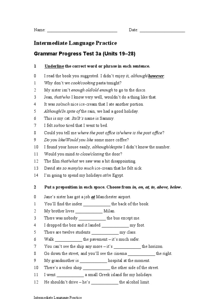 ILP Grammar Test 3a | PDF | Linguistics | Languages