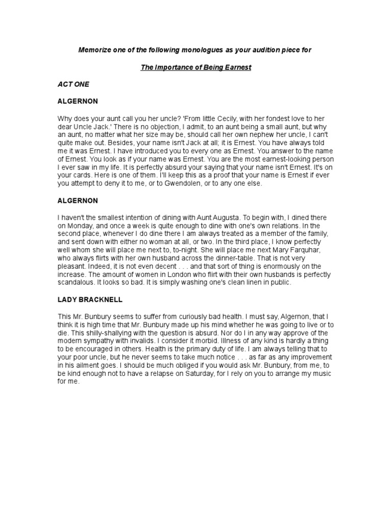Importance of Being Earnest Monologues | PDF | Business