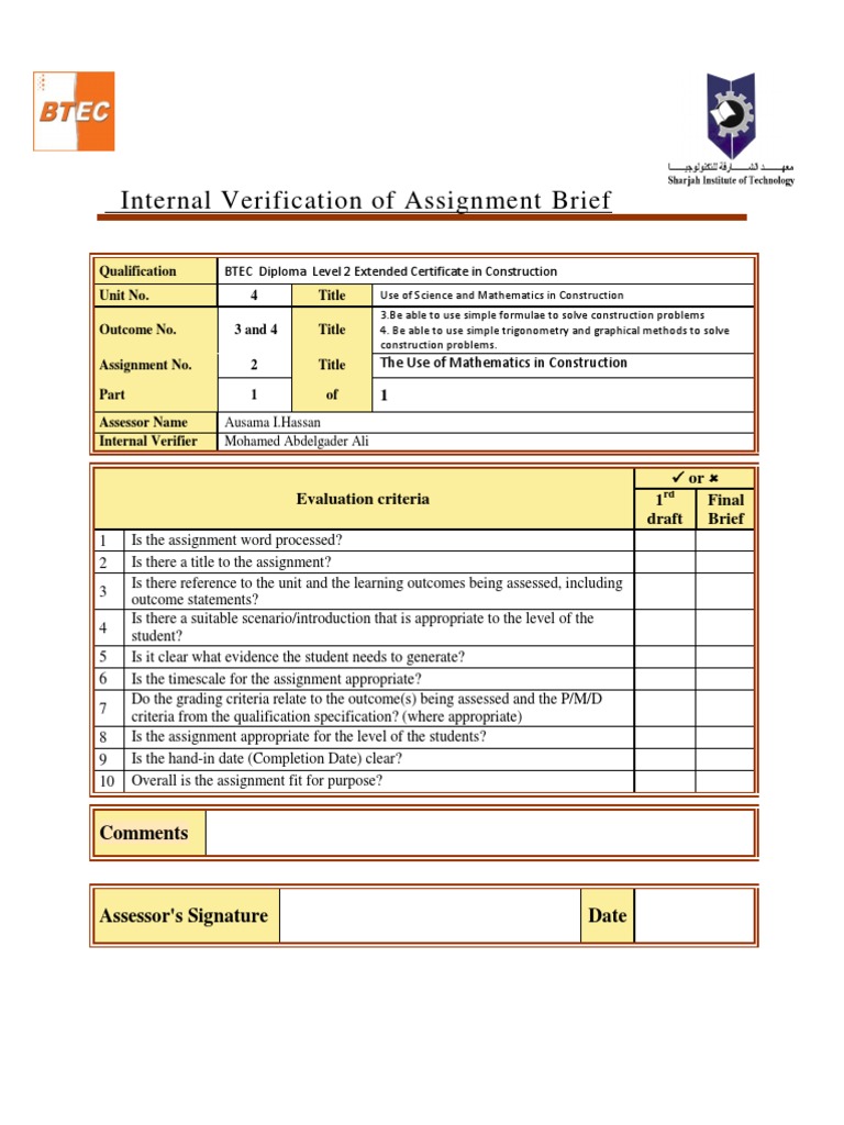 Internal Verification of Assignment Brief: Comments | PDF ...