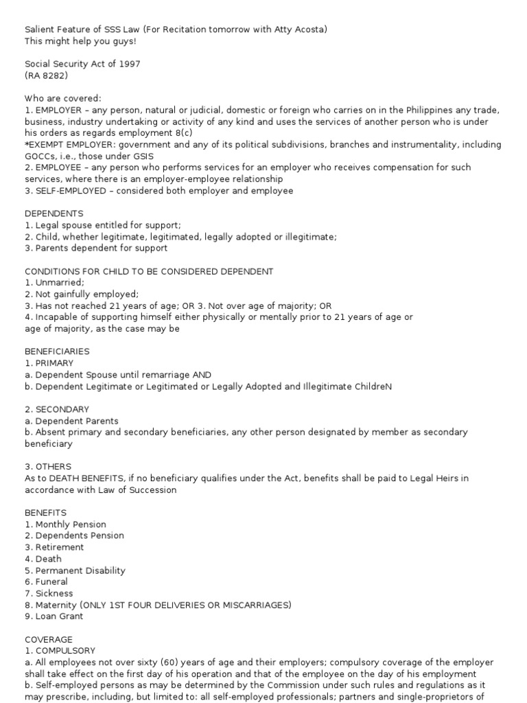 Salient Feature of SSS Law | PDF | Social Security (United States ...