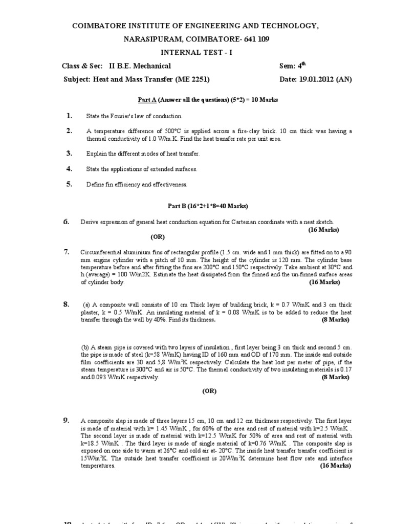 HMT Question Paper - Internal Test 1 | PDF | Thermal Insulation | Heat ...