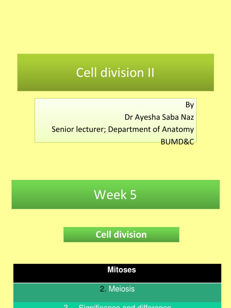 Cell Division II: by DR Ayesha Saba Naz Senior Lecturer Department of ...
