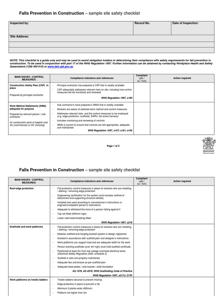 Falls Checklist | Scaffolding | Safety