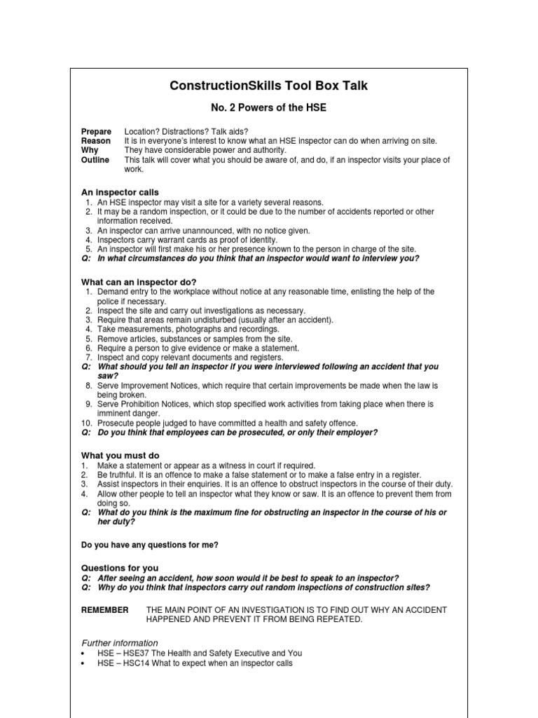 HSE Inspector Powers Tool Box Talk | PDF | Inspector | Employment