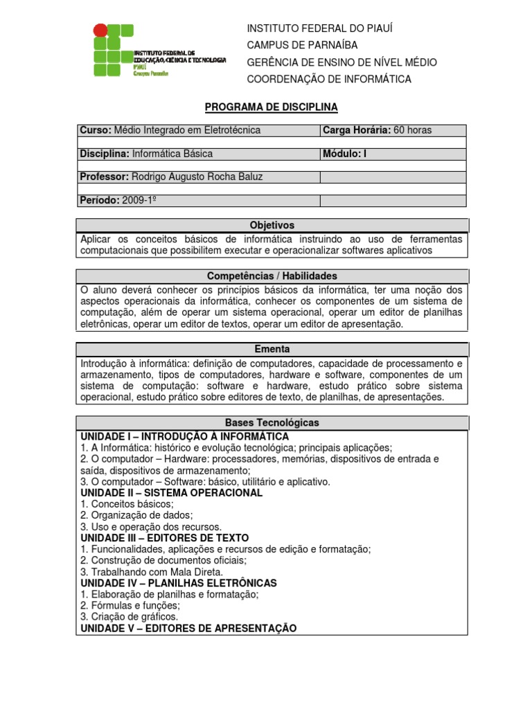 Plano De Curso Informática Básica Pdf Programas Sistema Operacional