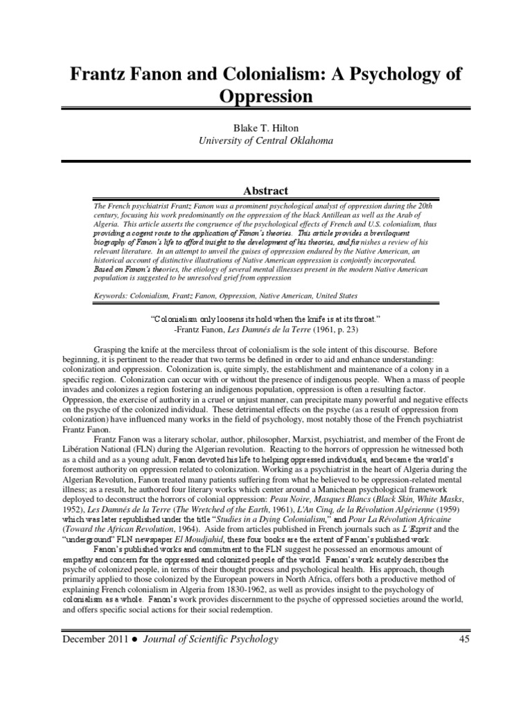 Fanon's Psychology of Colonial Oppression | PDF | Frantz Fanon | Trail ...