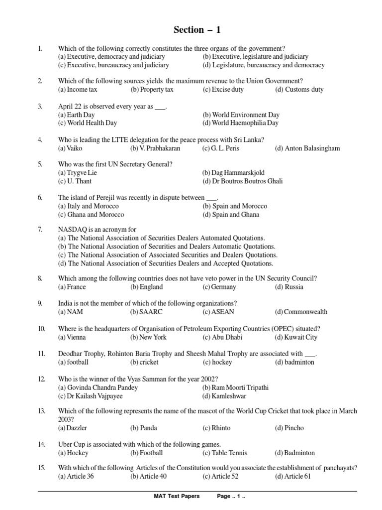 Section - 1: MAT Test Papers Page .. 1 . | PDF | Triangle | Teaching ...
