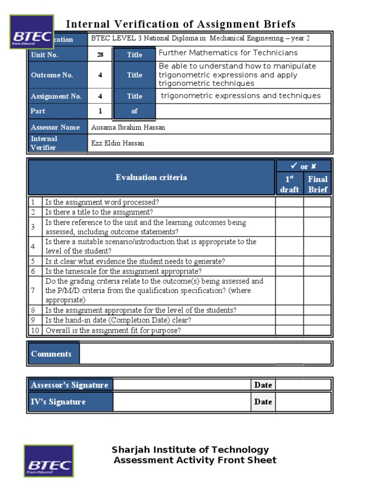 Internal Verification of Assignment Briefs: Evaluation Criteria or 1 Draft Final Brief | PDF ...