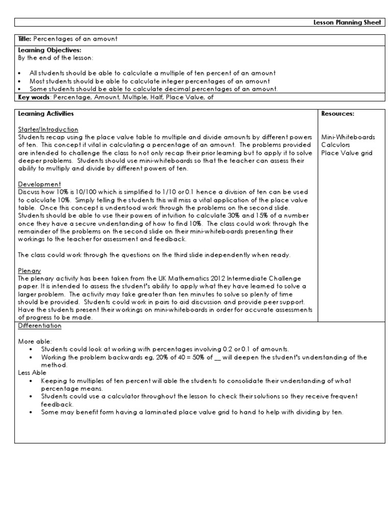 Lesson Plan Percent Noncalc | PDF | Percentage | Lesson Plan
