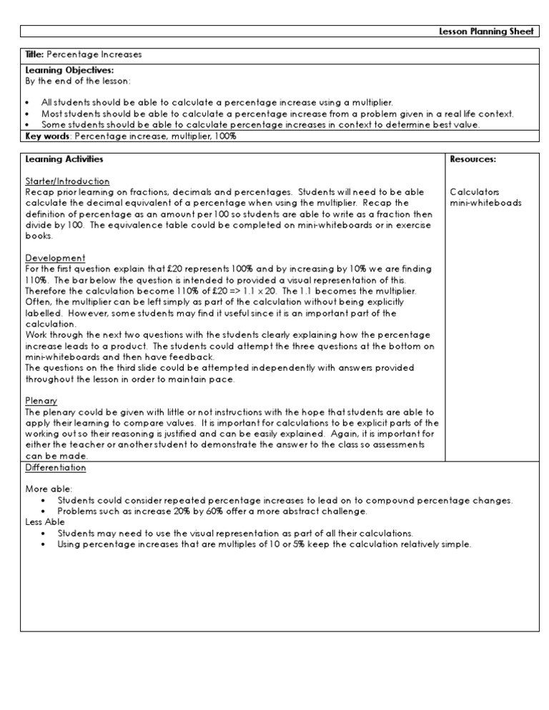 Lesson Plan%Increase | Percentage | Multiplication