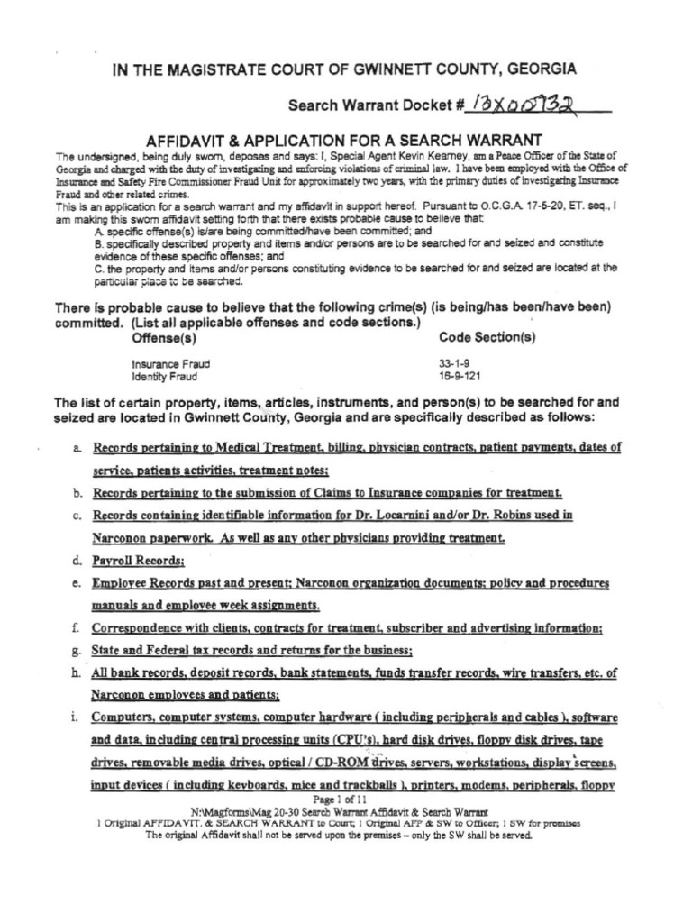 Narconon Georgia Search Warrant Affidavit | PDF | Floppy Disk | Computer File