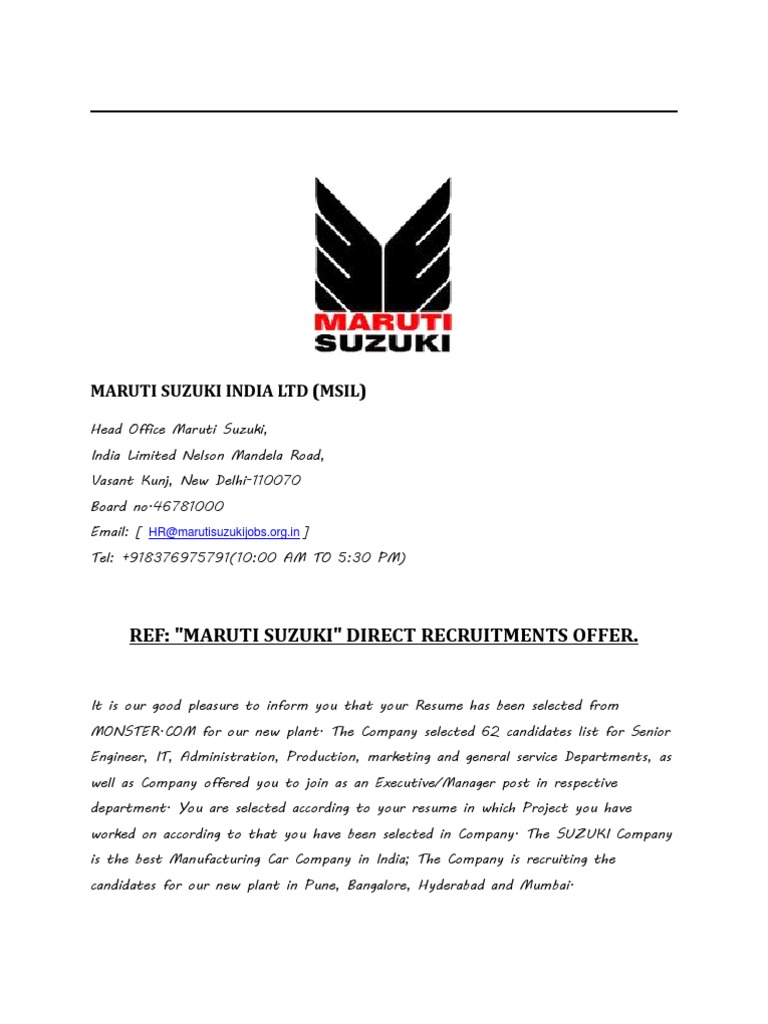Maruti Suzuki Call Letter | PDF | Business