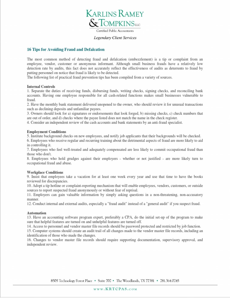16 Tips For Avoiding Fraud and Defalcation | PDF | Fraud | Cheque