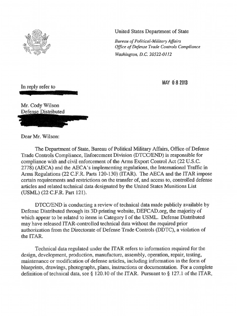 Letter from Department of State to Defense Distributed