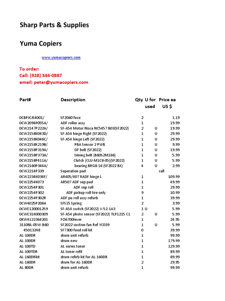 Sharp Parts & Supplies Yuma Copiers: To Order: Call: (928) 344-0887 | PDF