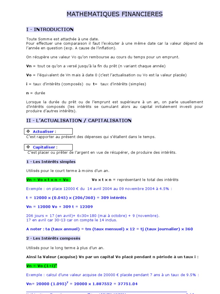 Résumé - Math Fin | PDF | Finance et gestion monétaire | Méthodes et ...