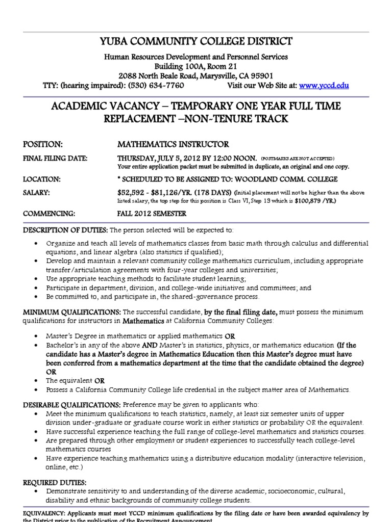 Yuba Community College District: Position: Mathematics Instructor | PDF ...