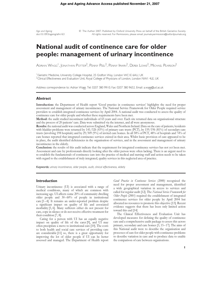 Continence Audit | PDF | Urinary Incontinence | Audit