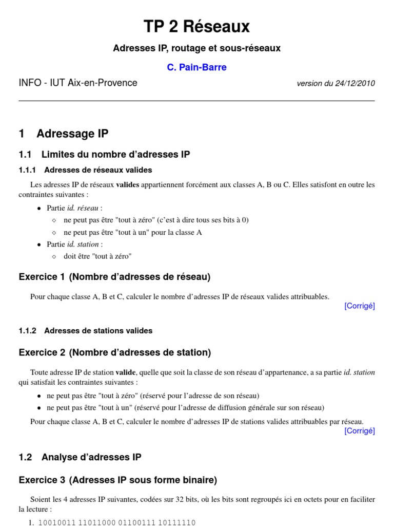 Enonce tp2 Reseaux | PDF | Routage | Adresse IP
