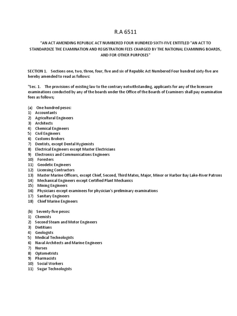 Republic Act No. 6511 | PDF | Licensure | Fee